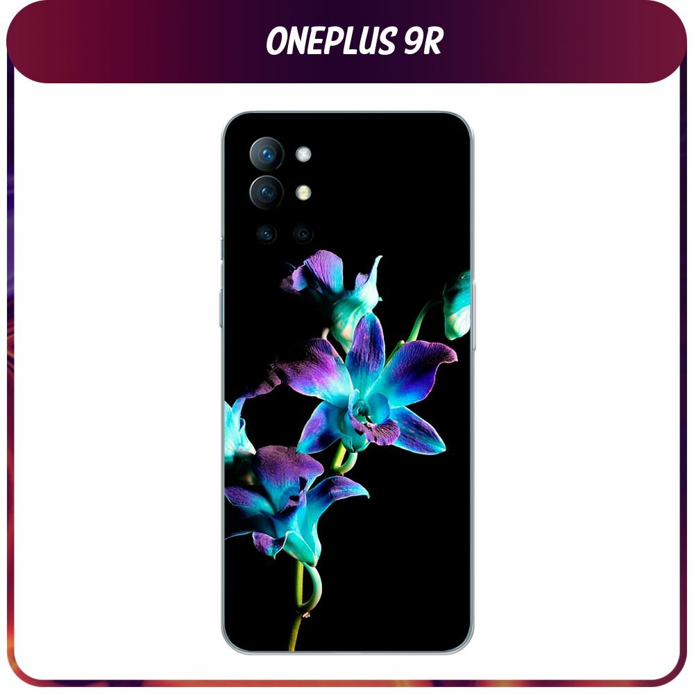 Чехол на OnePlus 9R / ВанПлас 9R с принтом "Синий цветок на черном"