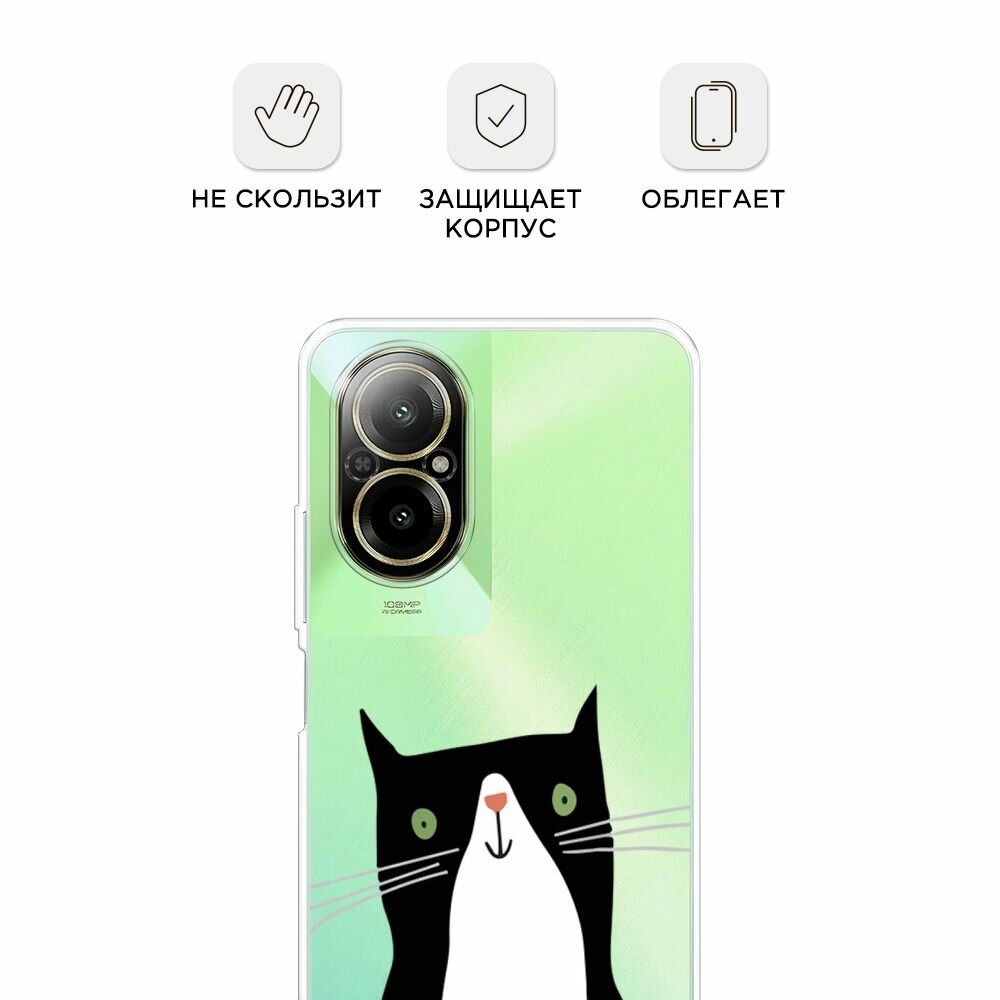 Чехол на Realme C67 4G / Реалми C67 4G с принтом черно-белый кот, прозрачный — фото 1