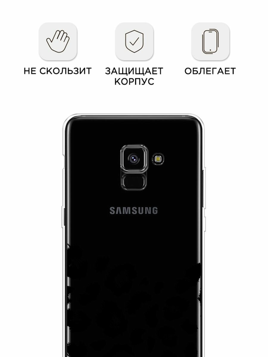 Чехол на Samsung Galaxy A8 + / Самсунг Галакси А8 Плюс 2018 с принтом "Окрас леопарда фон черный", прозрачный — фото 1