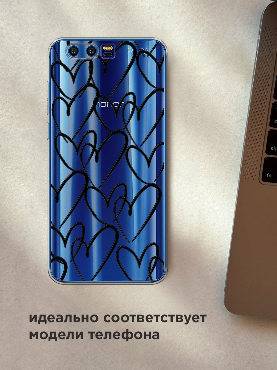 Чехол на Honor 9 / Хонор 9 с принтом "Hearts doodle black 1" — фото 1