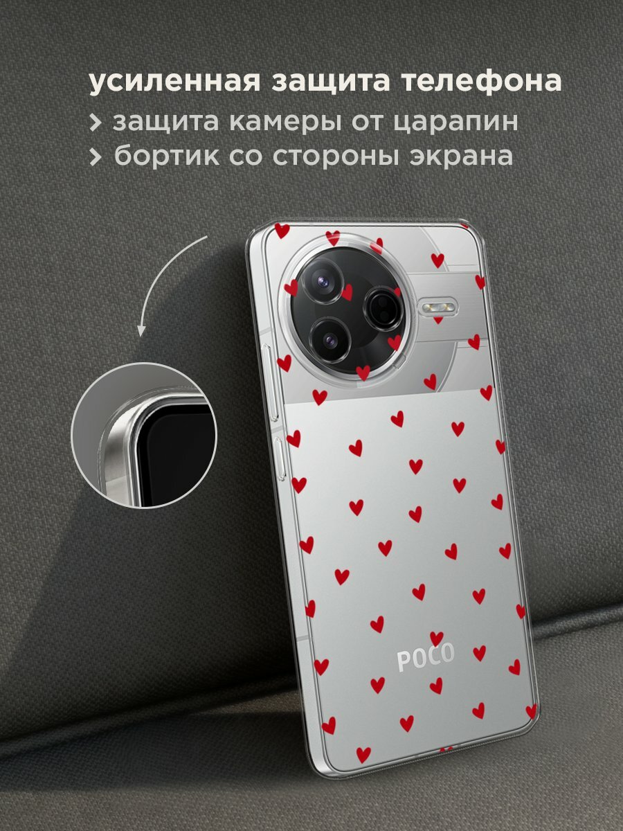 Чехол на Poco F7 Pro / Поко F7 Про с принтом "Red hearts", прозрачный — фото 1