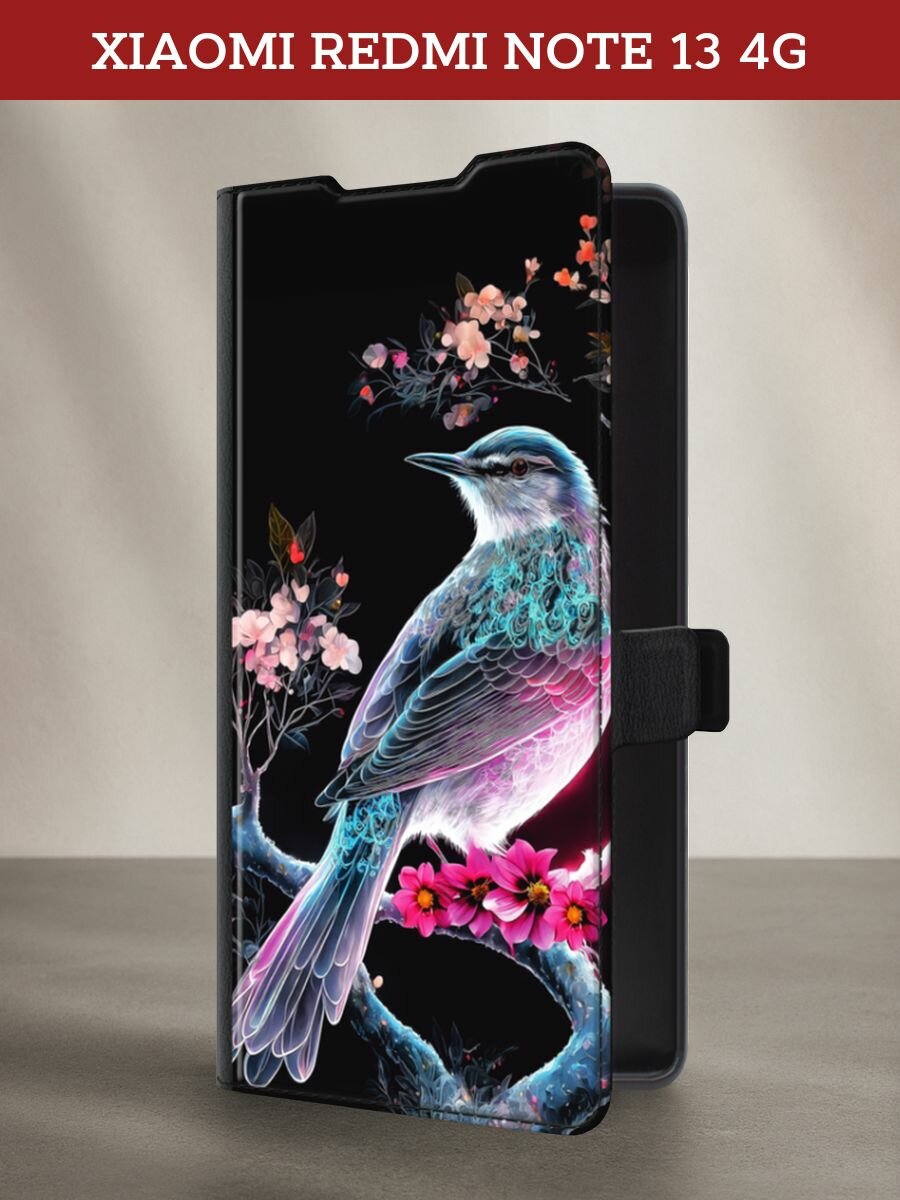 Чехол-книжка на Xiaomi Redmi Note 13 4G (Global) / Сяоми Редми Нот 13 4G с рисунком "Птица на цветущем дереве"