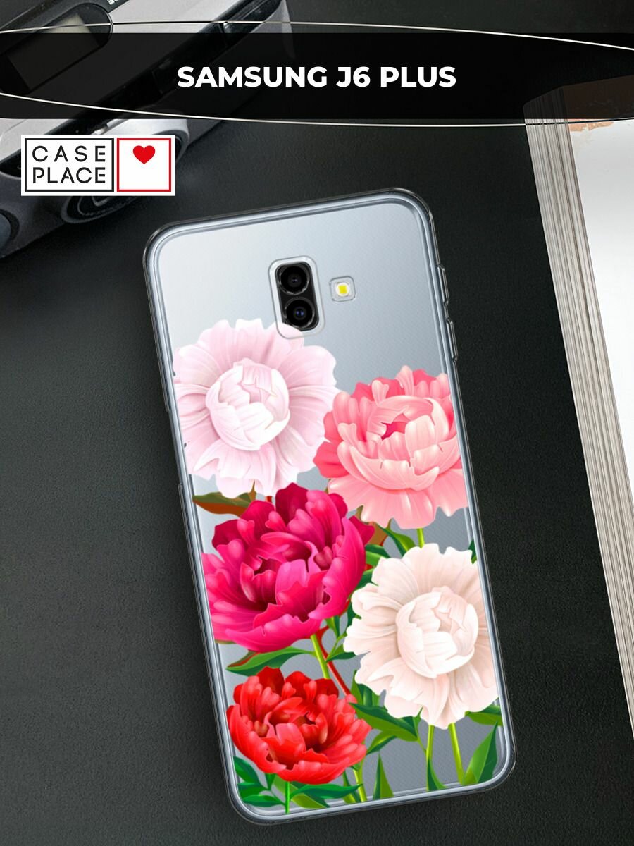 Чехол на Samsung Galaxy J6 + / Самсунг Галакси J6 Плюс 2018 с принтом "Большие пионы", прозрачный
