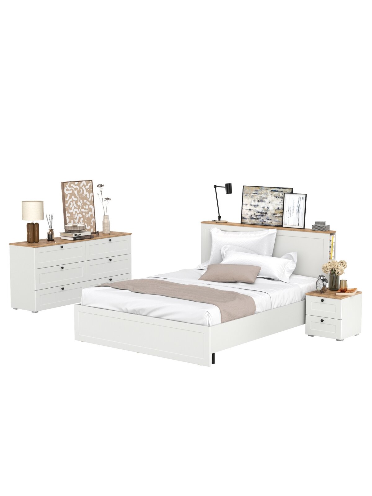 Гарнитур спальный Остин из комода 16.240 с кроватью с основанием и тумбы прикроватной, белый шагрень/дуб крафт