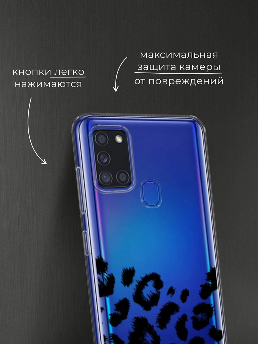 Чехол на Samsung Galaxy A21s / Самсунг Галакси A21s с принтом "Окрас леопарда фон черный", прозрачный — фото 1