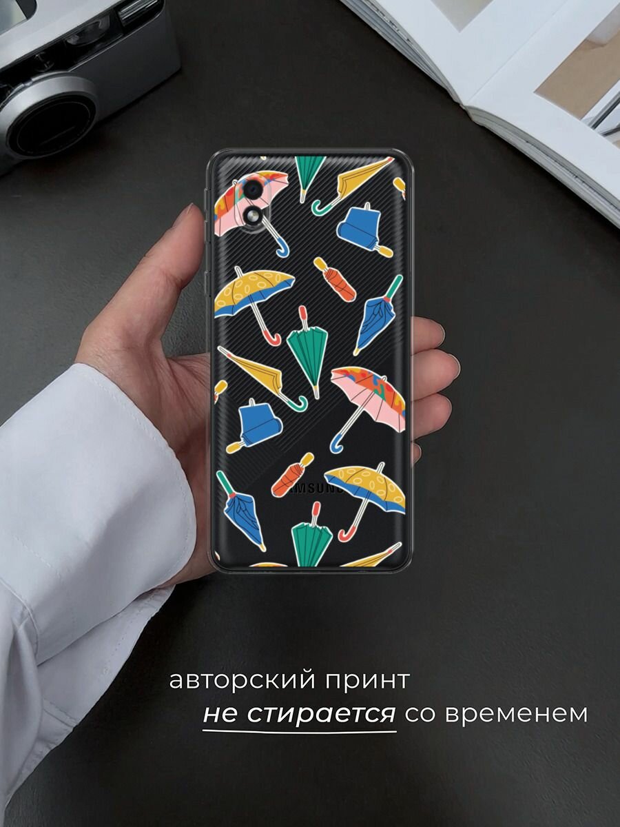 Чехол на Samsung Galaxy A01 Core / Самсунг Галакси А01 Core с принтом "Зонты паттерн", прозрачный — фото 1