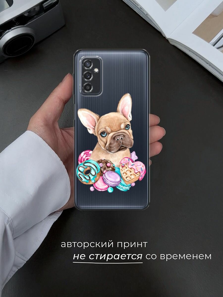 Чехол на Samsung Galaxy M52 / Самсунг Галакси M52 с принтом "Бульдог и сладости", прозрачный — фото 1