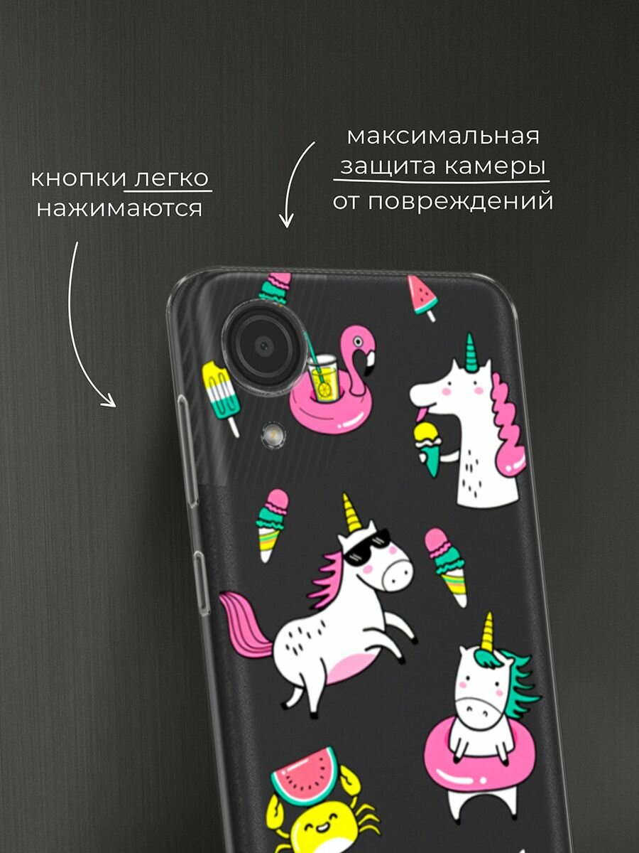 Чехол на Samsung Galaxy A03 Core / Самсунг Галакси А03 Core с принтом "Единороги в отпуске", прозрачный — фото 1