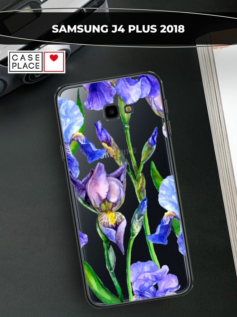 Чехол на Samsung Galaxy J4 Plus 2018 / Самсунг J4 Plus 2018 с принтом "Синие ирисы", прозрачный
