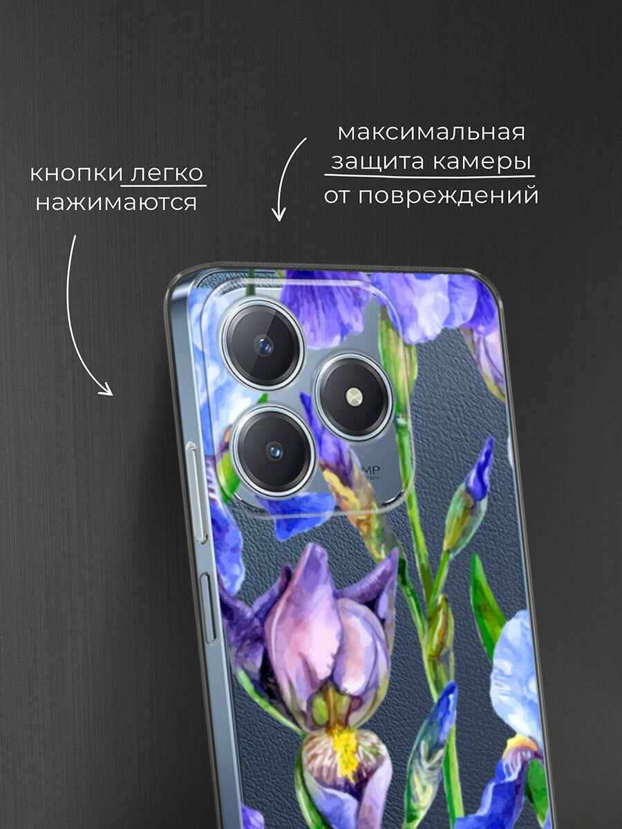Чехол на Realme C63 / Реалми С63 с принтом "Синие ирисы", прозрачный — фото 1