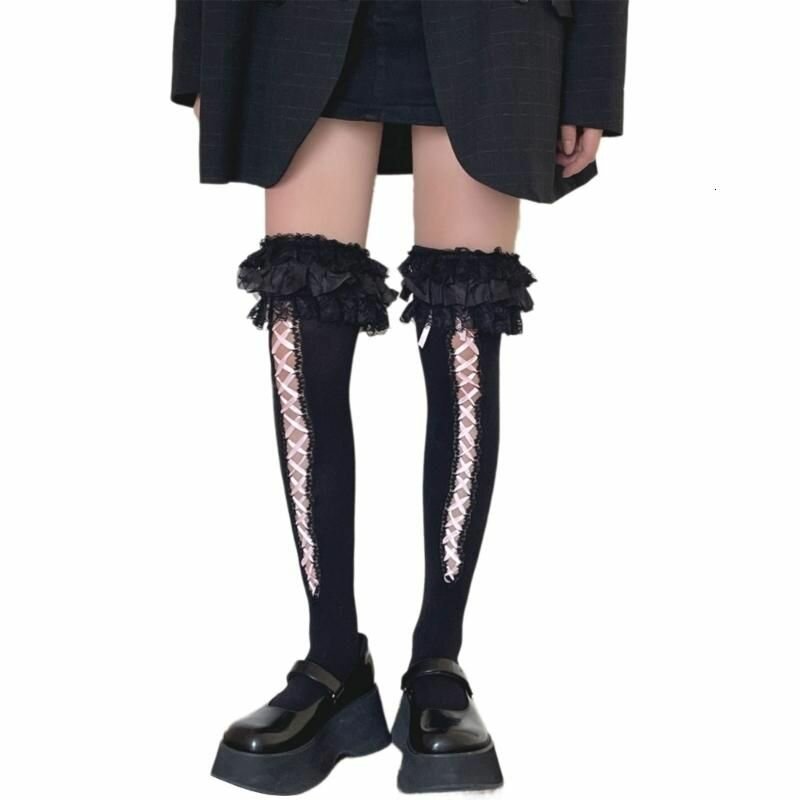 Чулки выше колена с кружевным ремешком в балетном стиле Y2K hot girl-черный