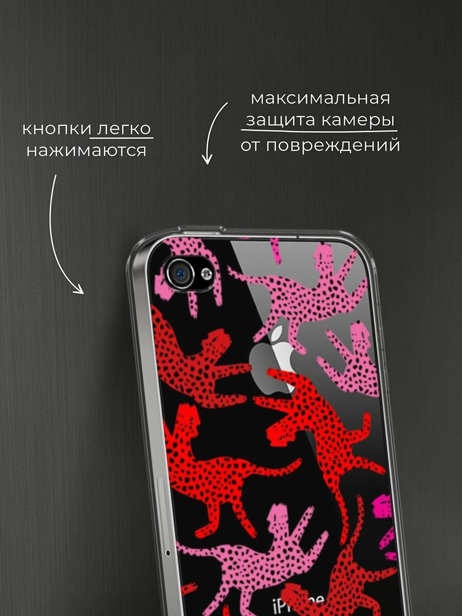 Чехол на Apple iPhone 4/4S / Айфон 4/4S с принтом "Потягивающиеся леопарды 2", прозрачный — фото 1