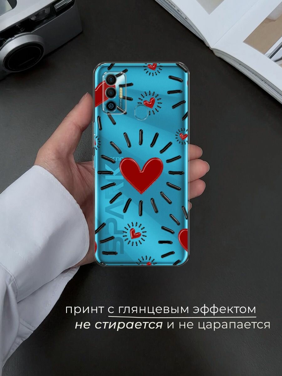 Чехол на Tecno Spark 7 / Техно Спарк 7 с принтом "Бордовые сердца паттерн" — фото 1