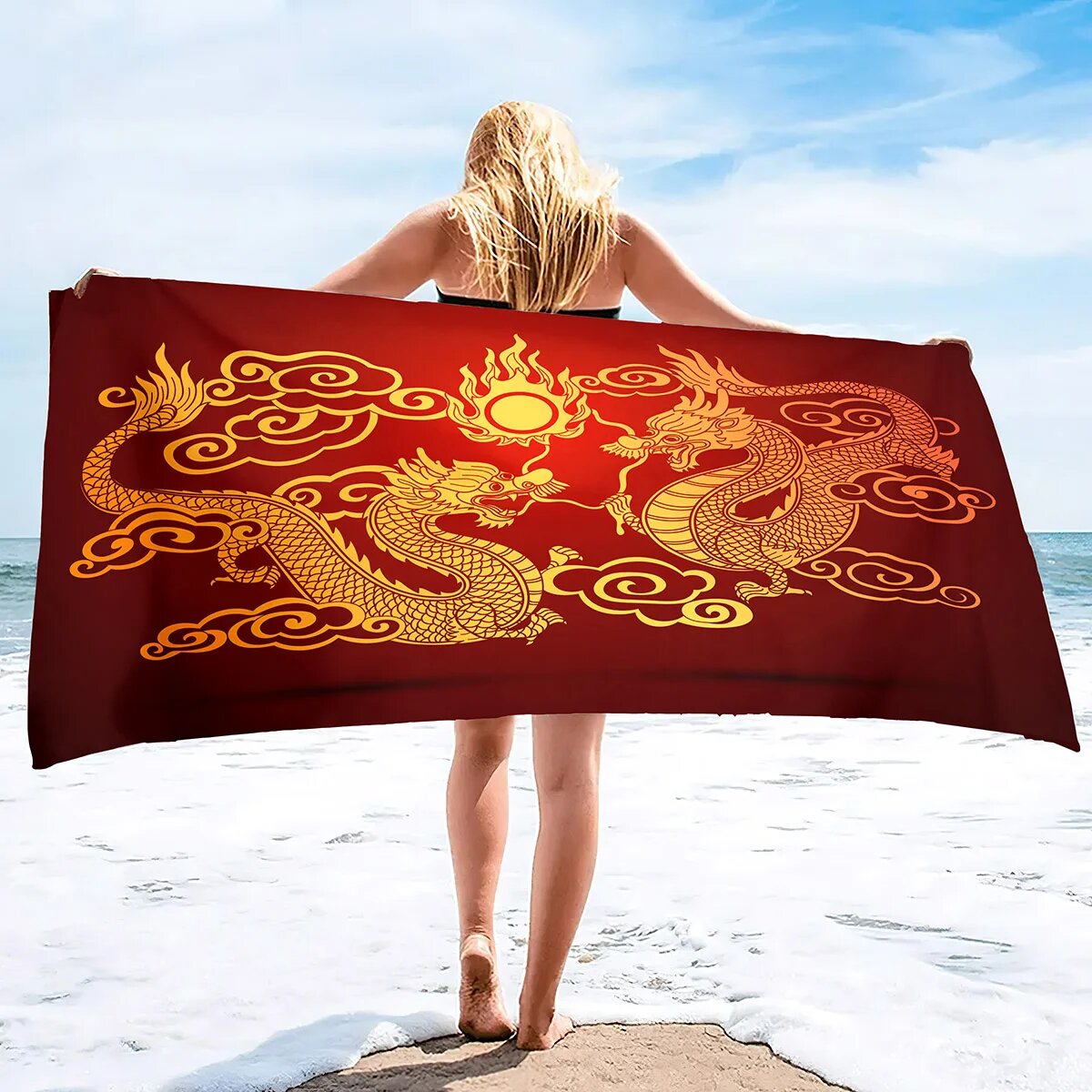 Большое пляжное полотенце из микрофибры с принтом дракона Красный, H70xW140cm, 1