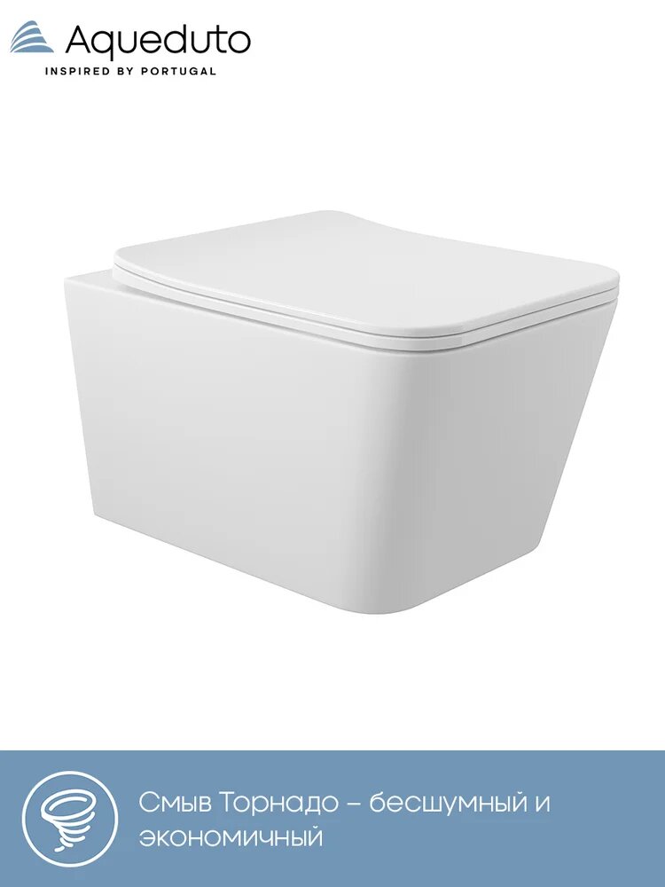 Унитаз подвесной Aqueduto Macio Tornado MACT2120 с микролифтом, безободковый, прямоугольный, без бачка, фарфоровый, антивсплеск, белый