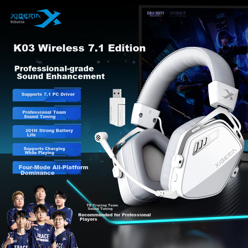 XIBERIA K03S Wireless 7.1 2.4G Bluetooth Gaming Headset Headphones Over Ear Low Latency Esports Dedicated Three Mode Intelligent Display Computer Headset Glacier White