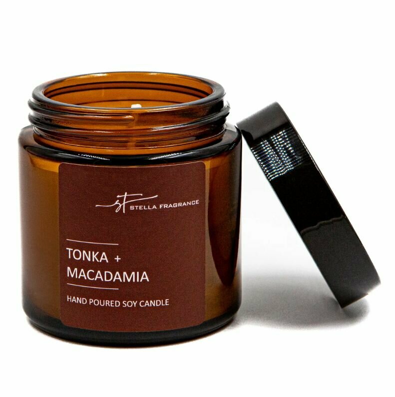 Свеча ароматизированная в стеклянной банке Stella Fragrance Tonka Macadamia коричневая 6 см