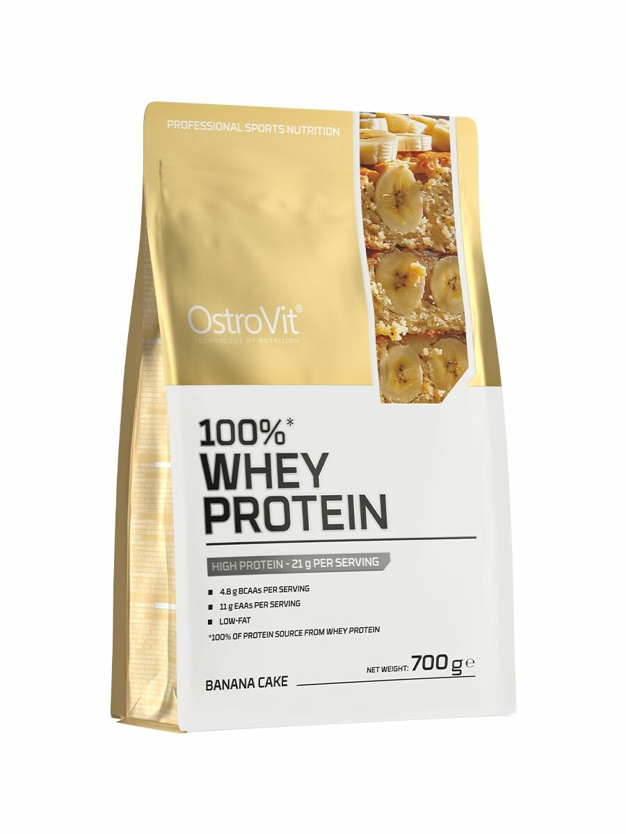 OstroVit 100% Whey Protein, Протеин сывороточный, порошок 700 г со вкусом бананового торта, Спортивное питание для похудения, протеиновый коктейль для набора мышечной массы