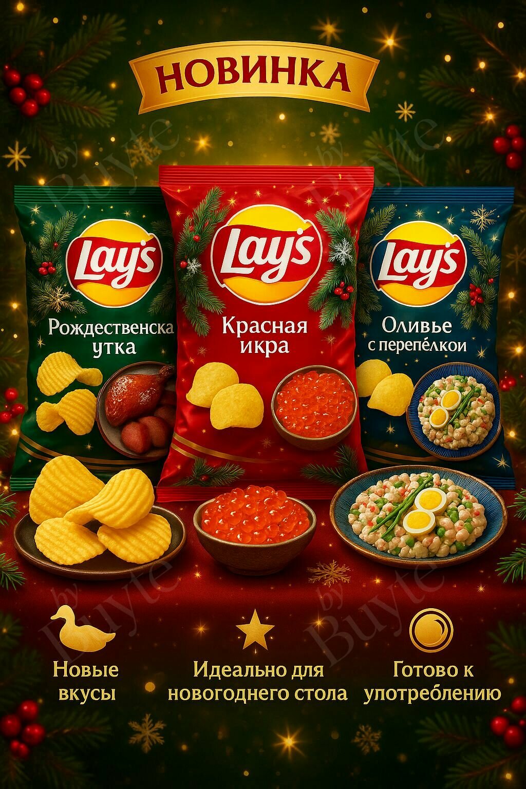 Чипсы картофельные Lay's/ Лейс Оливье с перепелкой/Рождественская утка/Красная икра, 3 пачки