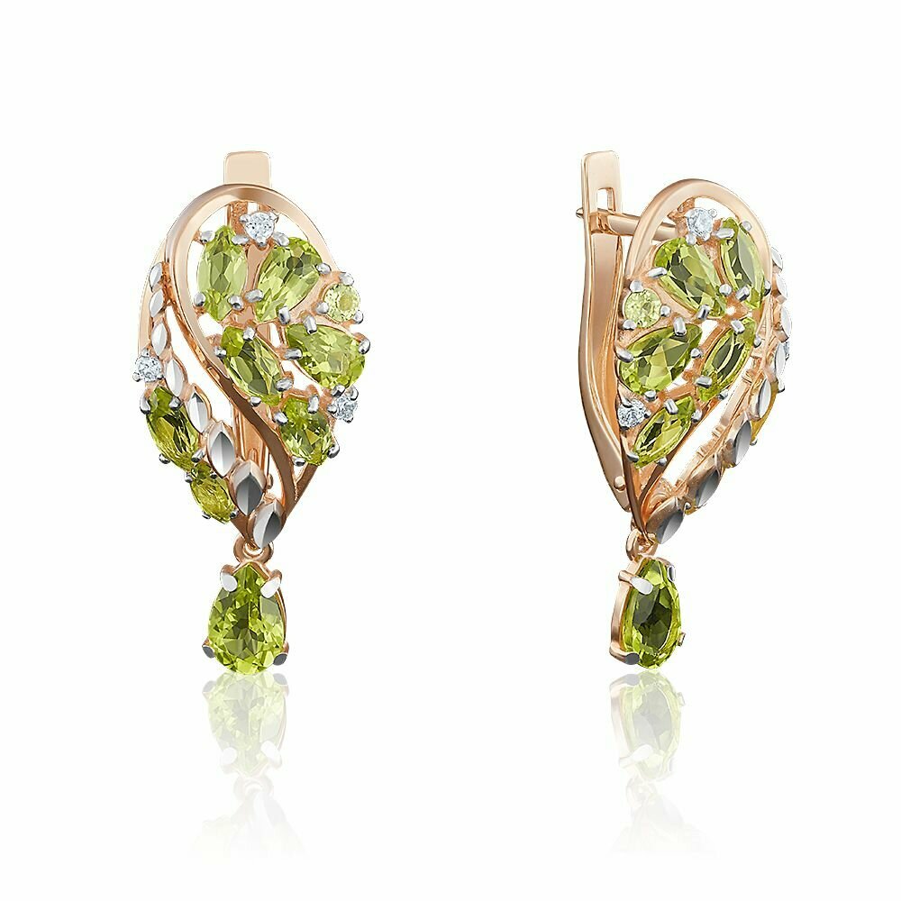 Серьги, красное золото, 585 проба, фианит, хризолит