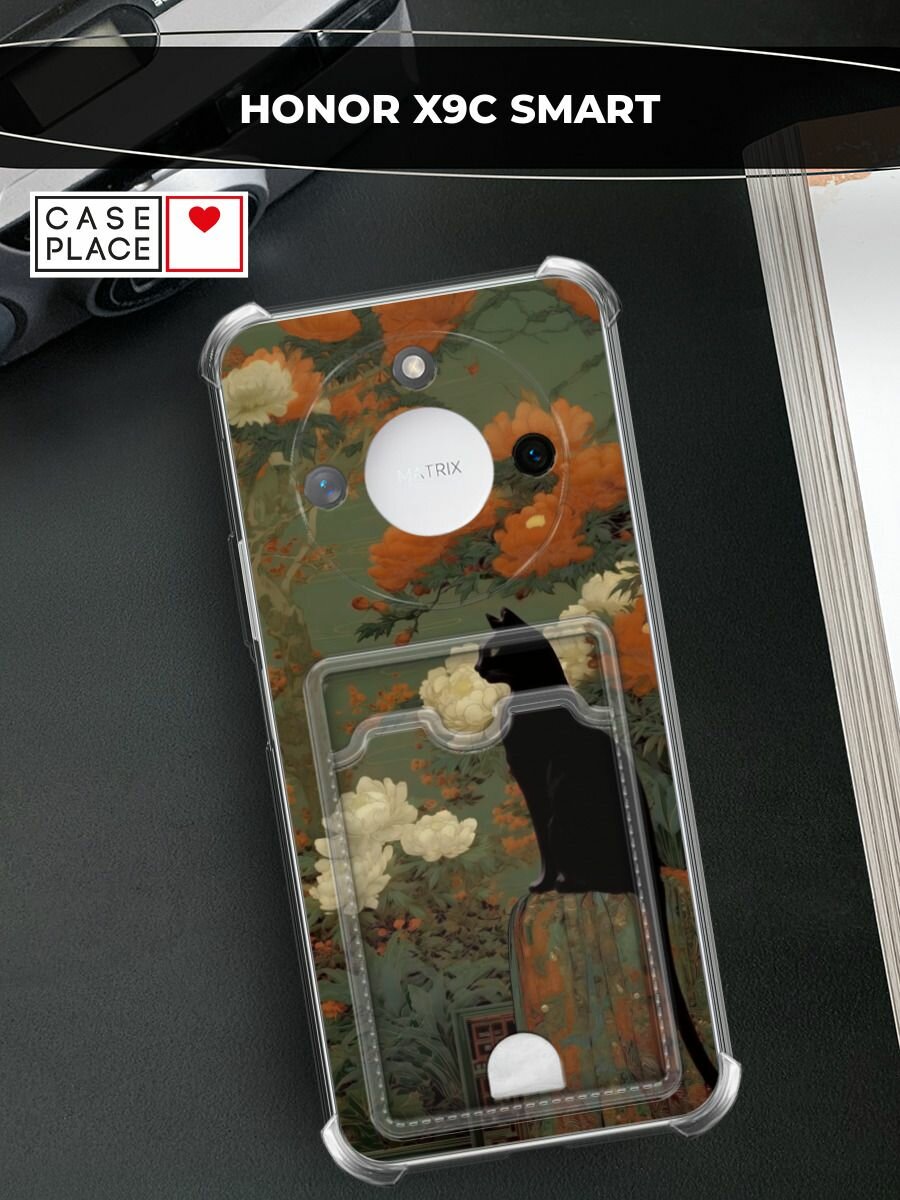 Чехол на Honor X9c Smart (Хонор X9c Смарт) с картой и принтом black cat