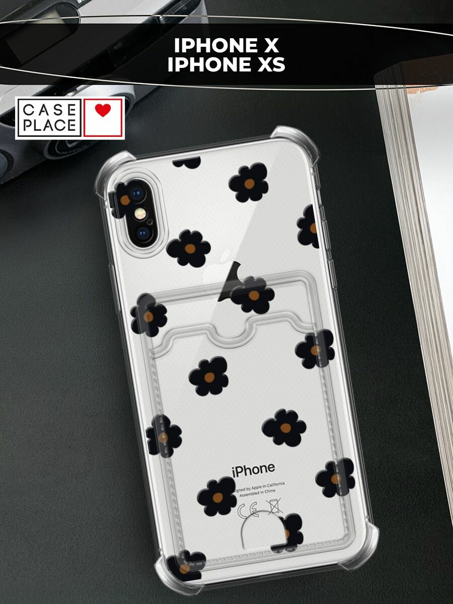 Чехол на Apple iPhone X/XS (Айфон X/XS) с картой и принтом Темные цветочки паттерн