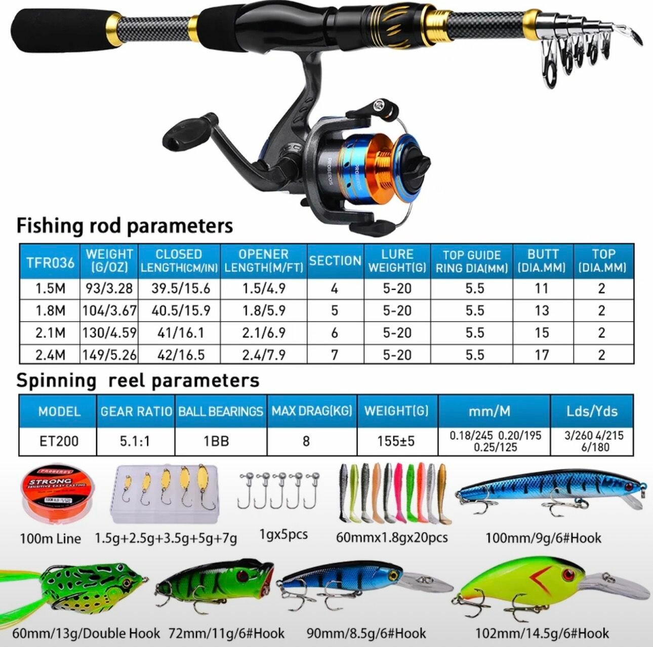 Рыбаловный набор -1,8 метра спиннинг -Катушка -Набор воблеров -Набор джигов -Леска -Чехол