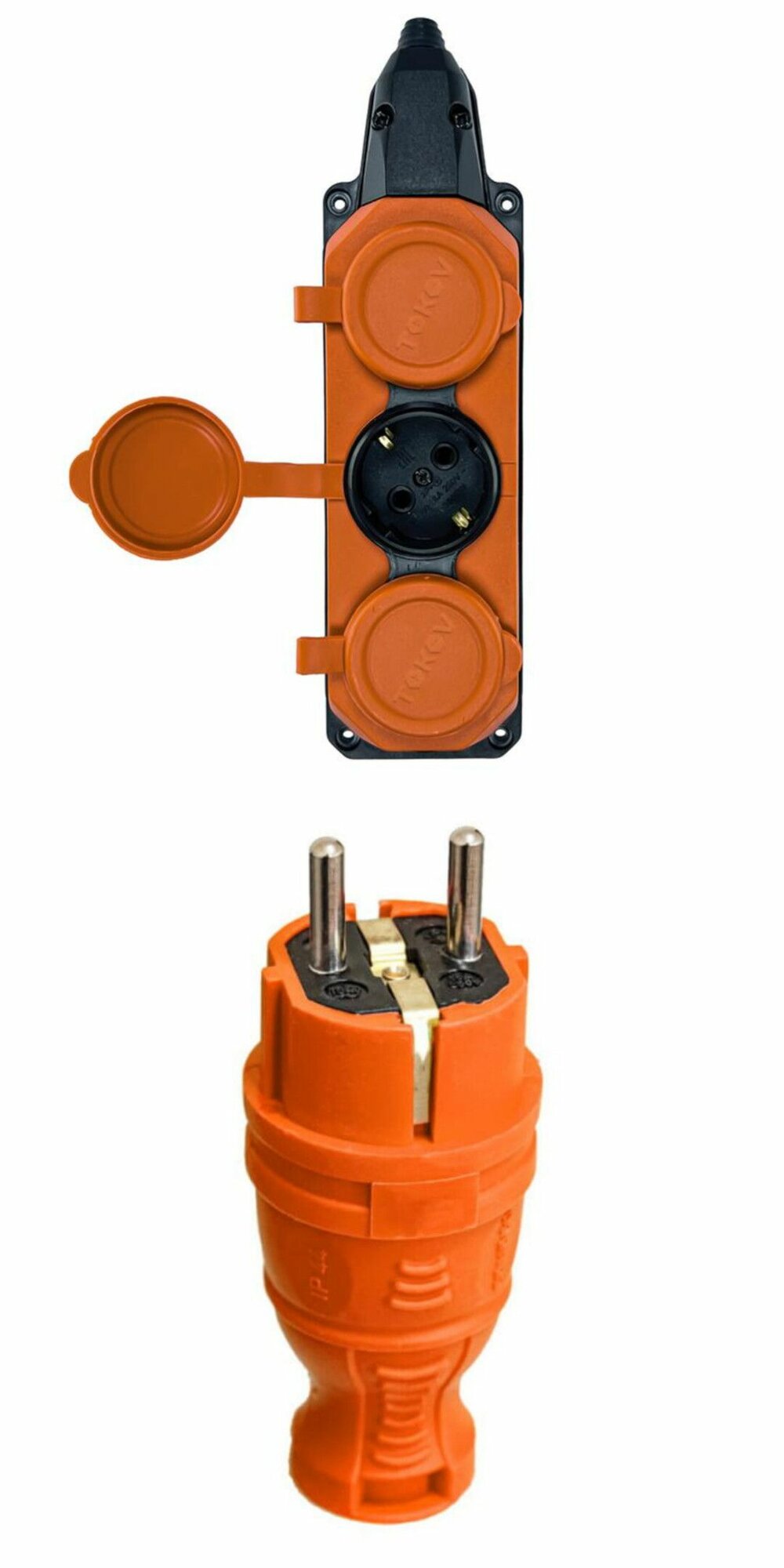 Комплект Колодка 3-м с крышкой+Вилка прямая 16А IP44 с заземлением каучуковая, цвет оранжевый