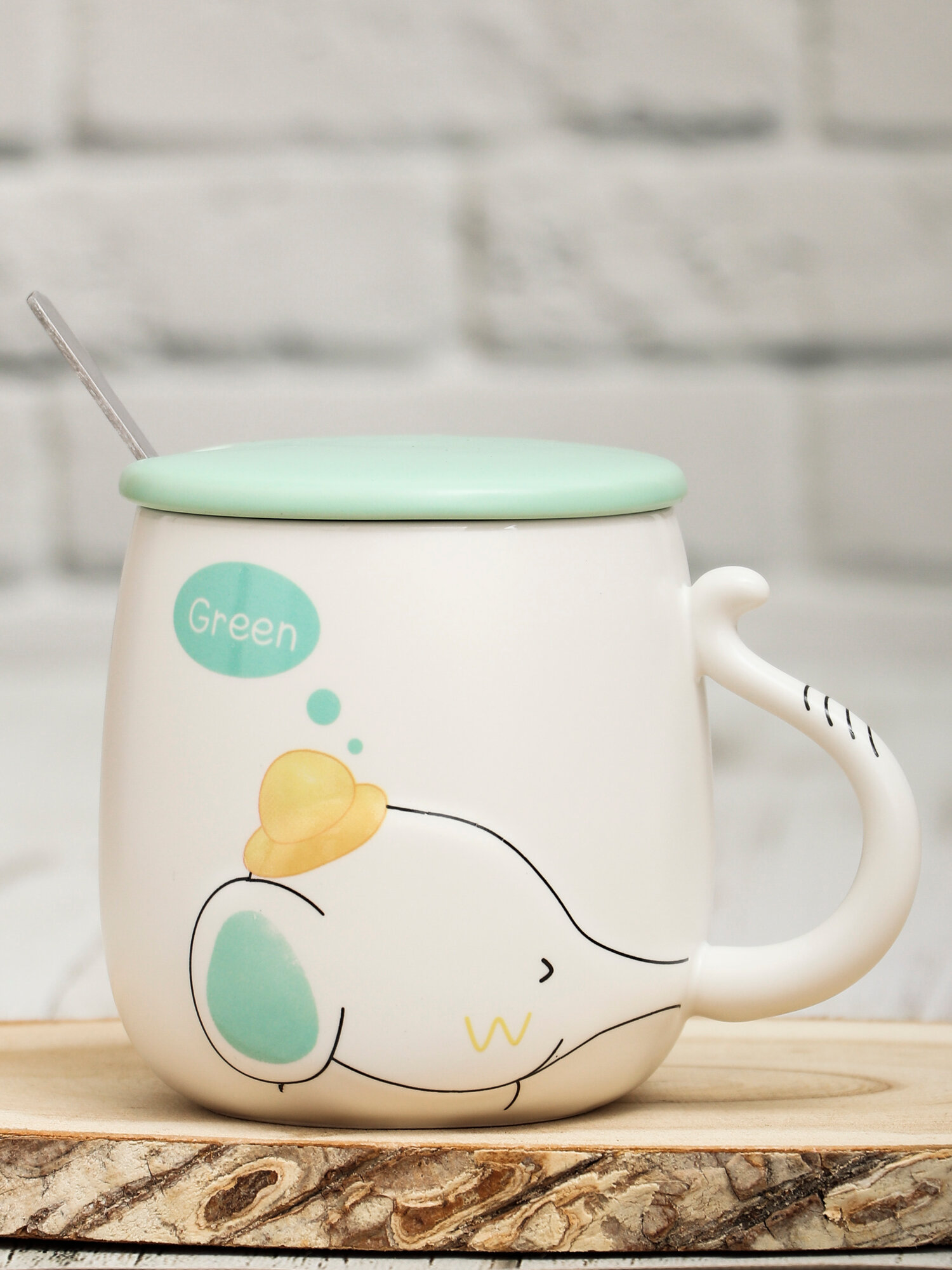 Кружка для чая "Веселый Слоник" зеленый 410 мл, с крышкой и ложкой, женская, детская, подарочная на новый год