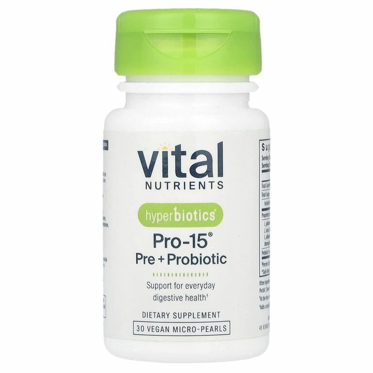 Hyperbiotics (Vital Nutrients), Pre + Probiotic PRO-15, пребиотики и пробиотики, 30 веганских микрогранул