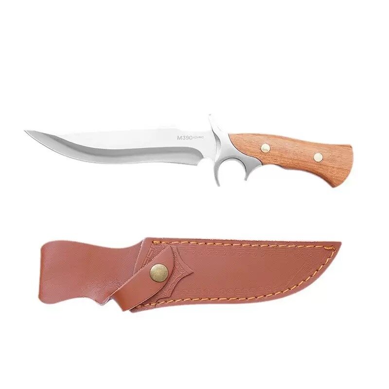 Youyuan M390 порошковое сталь, нож прямой многофункциональный для отдыха на открытом воздухе, пикника, с твердостью, для самозащиты, коллекционирования, с кожаным футляром, длина лезвия 15 см, общая длина 28 см, материал лезвия 3cr13, ручка деревянная