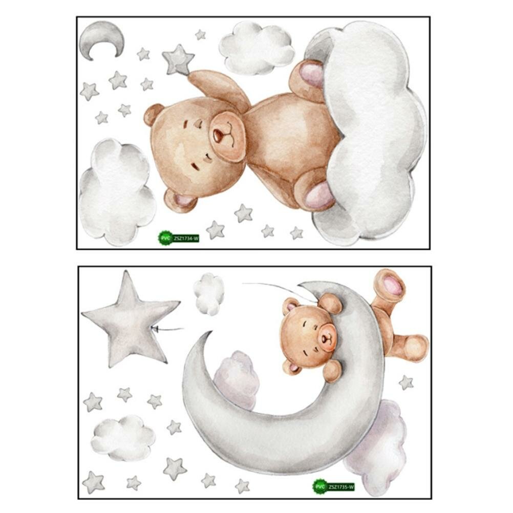 2Pcs Teddy Bear Sleeping On The Moon and Cartoon Kids Wall Stickers Baby Room Interior Decals Decorations