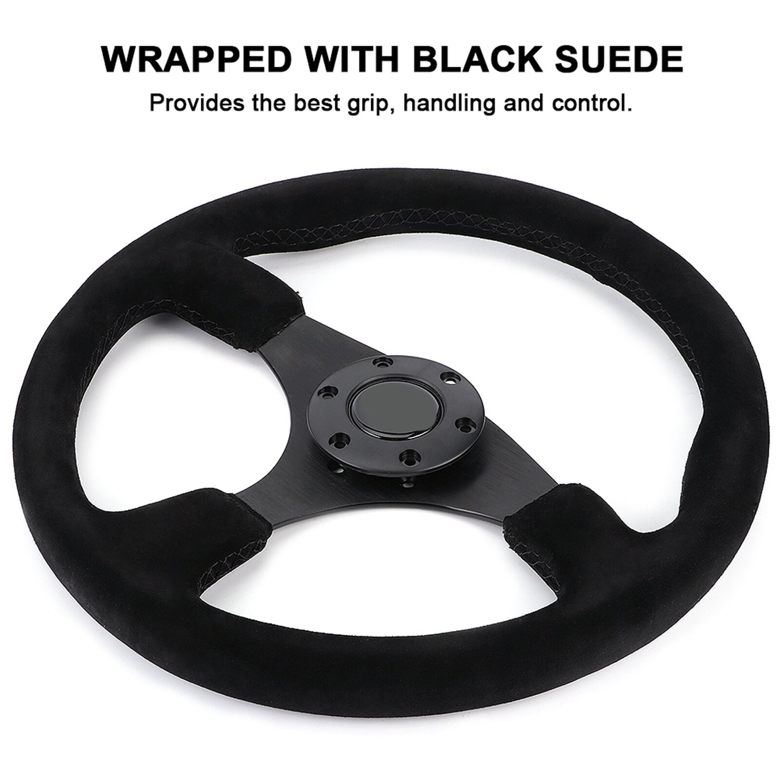 14 дюймов/350 мм для гоночного рулевого колеса из черной замши с 6 болтами, черной строчкой и кнопкой звукового сигнала