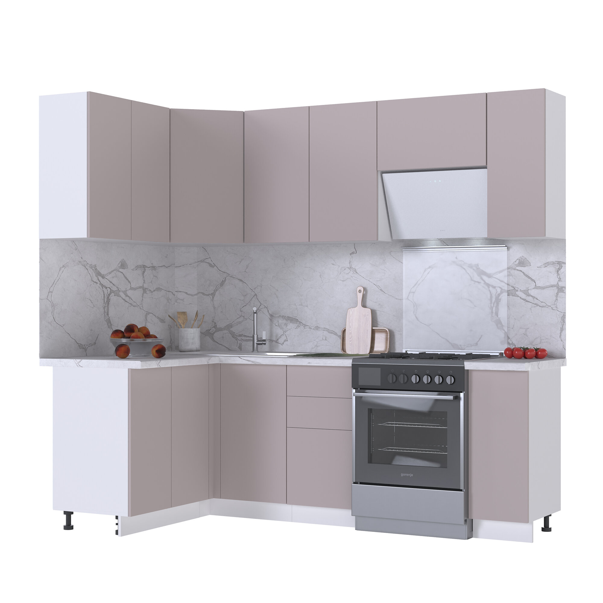 Кухонный гарнитур угловой без столешницы Рельеф Инь 130*230см Белый, Атласный серый