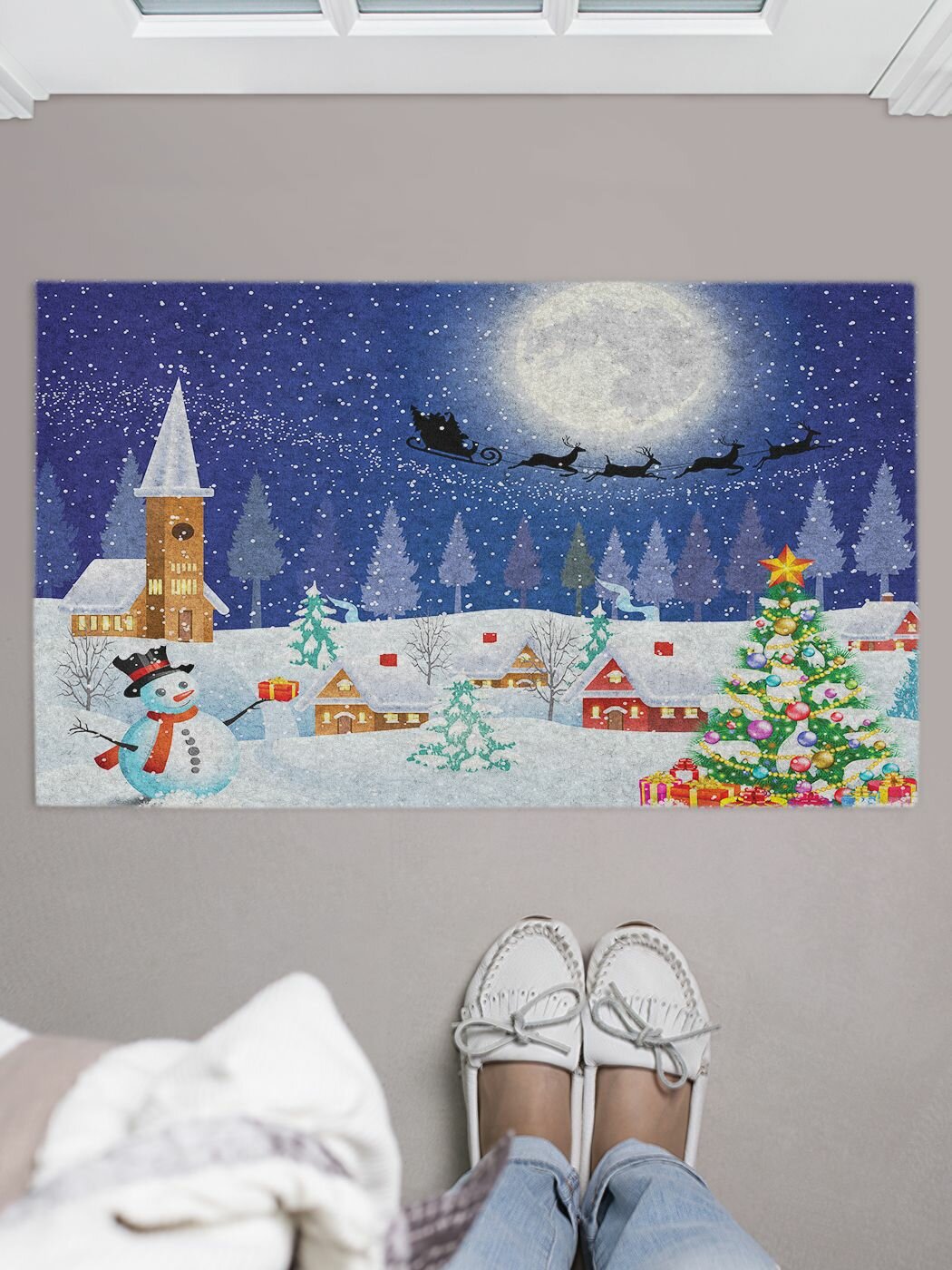 Коврик придверный в прихожую с принтом "Новогодний вечер" 45 на 75 см , JoyArty, серия Новый год и Рождество