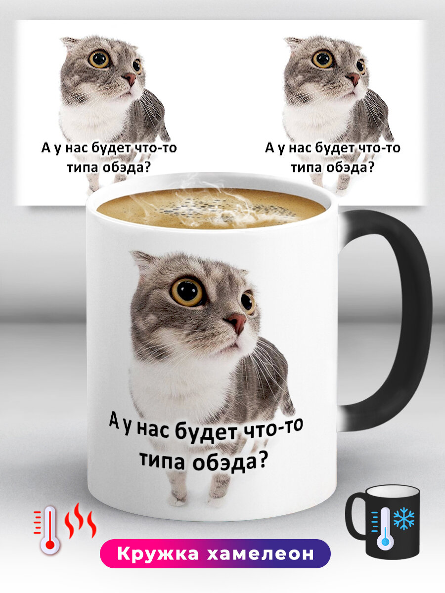 Кружка хамелеон с приколом мем котик А у нас будет обэд