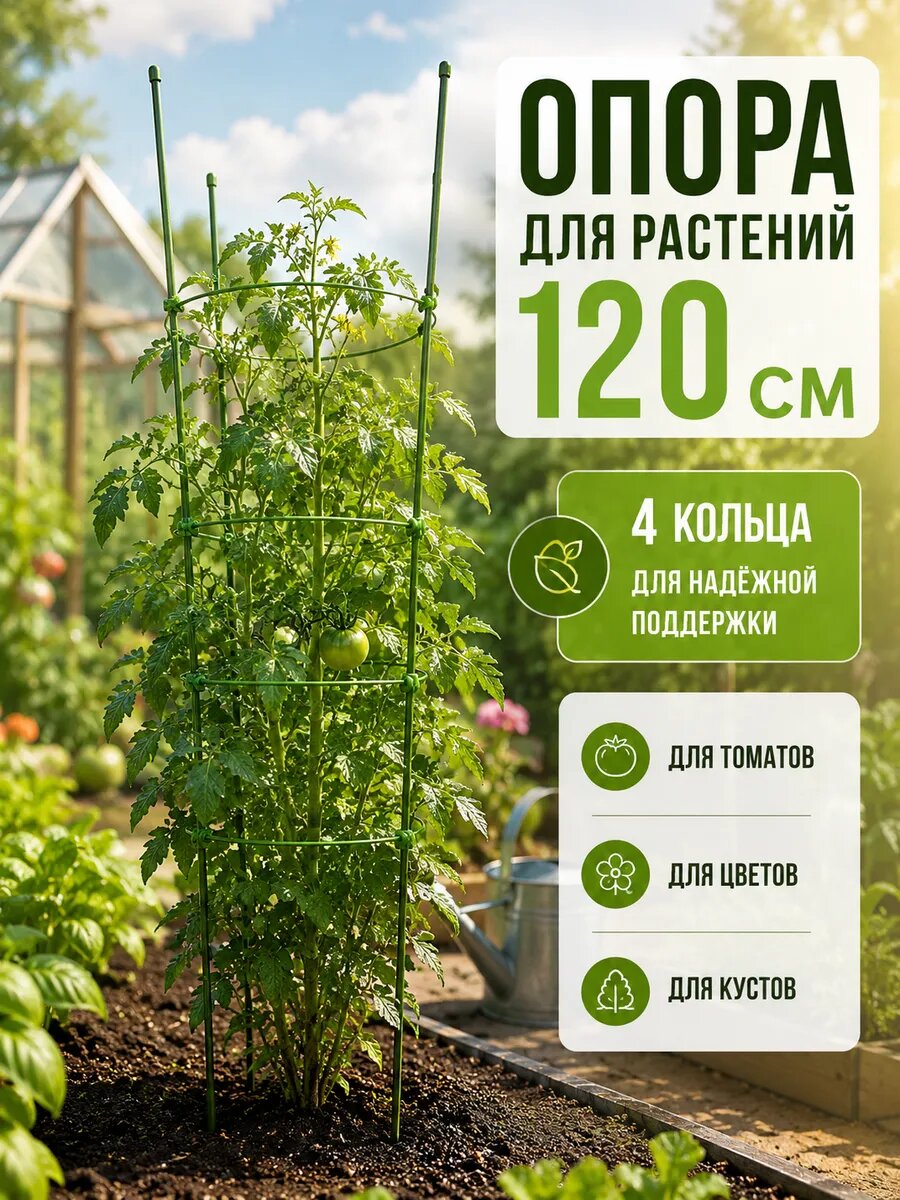 Опора для растений в саду 120 см 4 кольца металлическая пвх