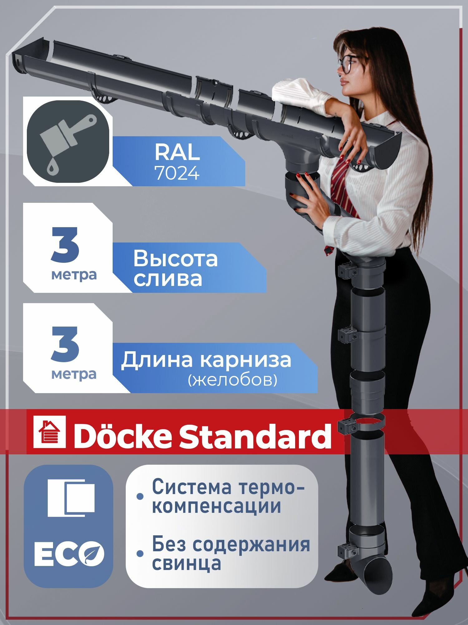 Водосток Деке Стандарт RAL 7024 (длина 3 м / высота 3м) водосточная система для крыши 120 / 80 мм (серый) комплект элементов для кровли, Docke Standard пластик