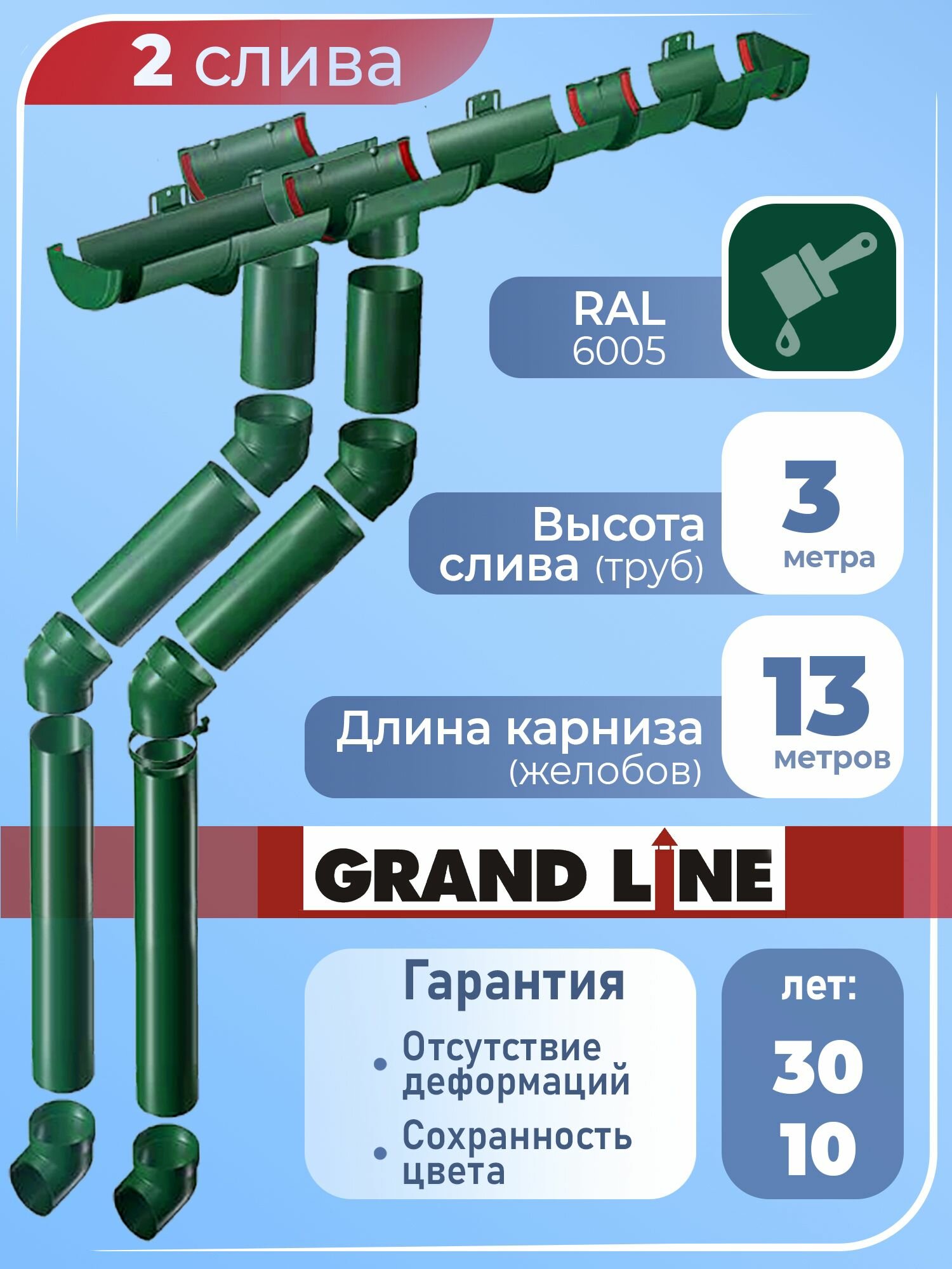 Водосточная система Grand Line 13 м ( 1,5 м+1 м ) зеленый RAL 6005 , водосток для крыши пластиковый Гранд Лайн ( 120 мм / 90 мм ) комплект элементов ПВХ