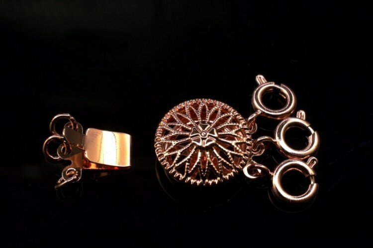 Замок-защелка на 3 нити с карабинами Круглый 25х11х5мм, отверстие 2мм, цвет розовое золото, латунь, 06-074, 1шт