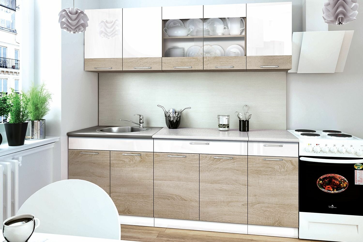 Кухонный гарнитур "Лайт" 1,6 м Дуб Сонома/Белый Глянец