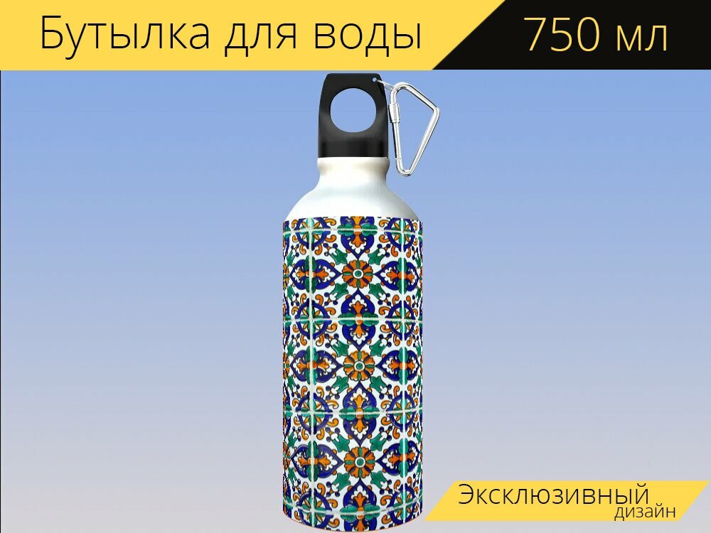 Бутылка фляга для воды "Тунис, плитка, глиняная посуда" 750 мл. с карабином и принтом