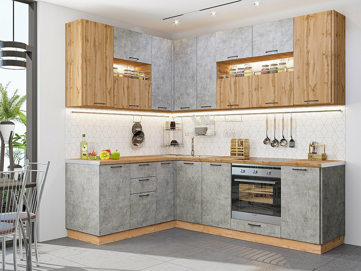 Готовый кухонный гарнитур кухня угловая со столешницей Флэт-02 2340*1700,2390*600 Wotan Oak, Temple Stone