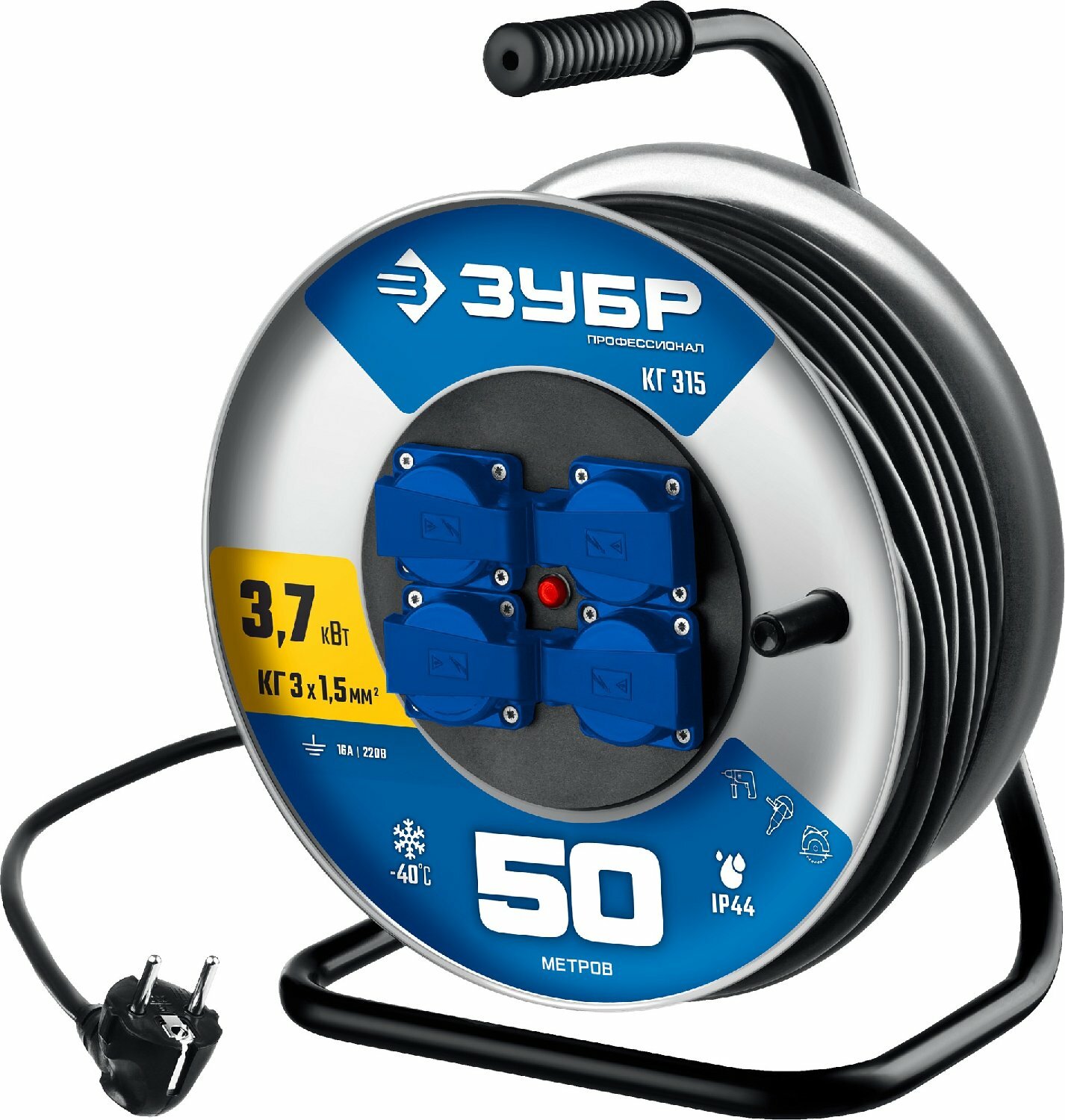 Силовой удлинитель ЗУБР КГ 50 м 3700 Вт 3x1.5 мм² IP44 на стальной катушке