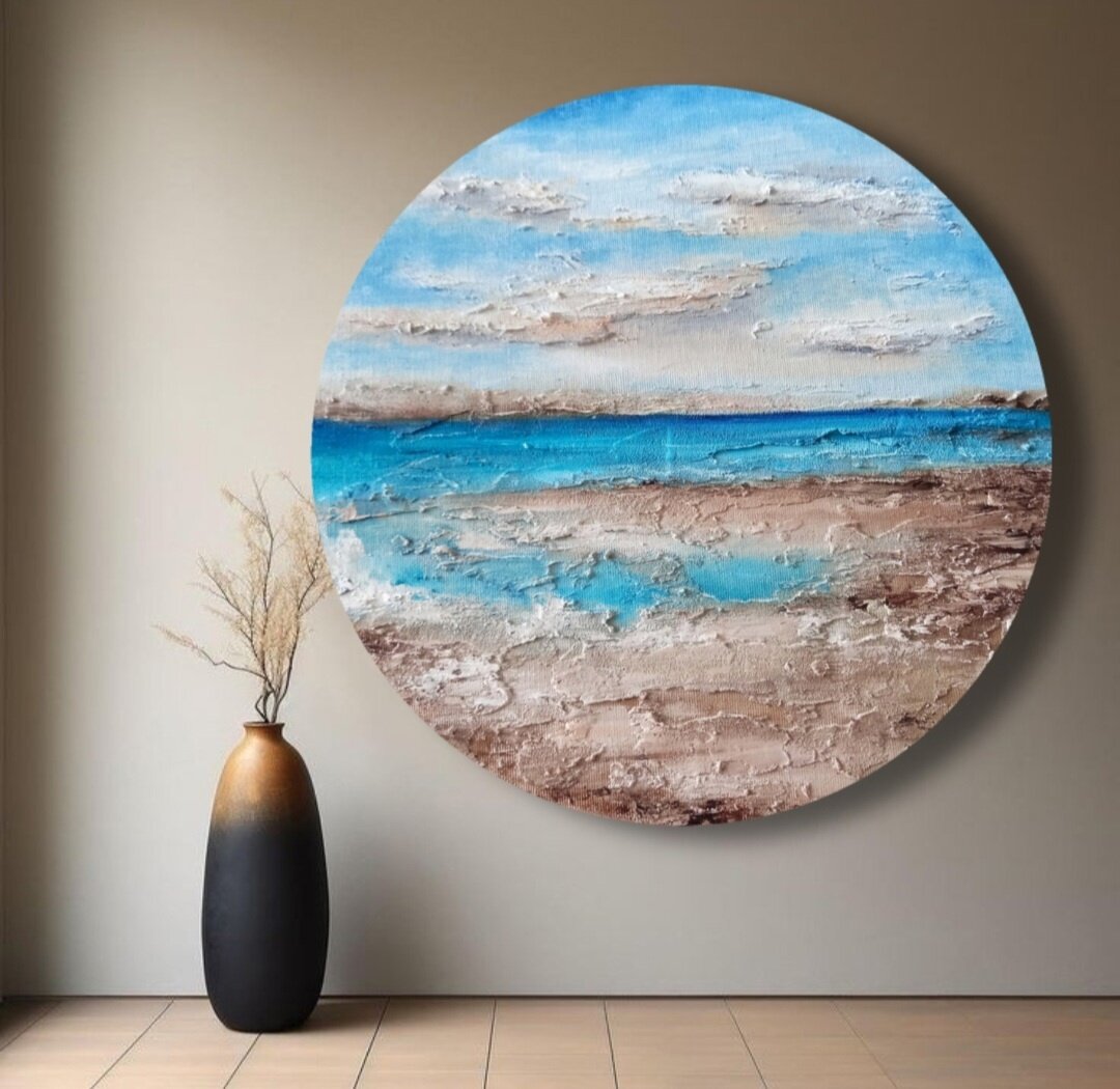 Круглая картина с морским пейзажем. Текстурная картина ручной работы.