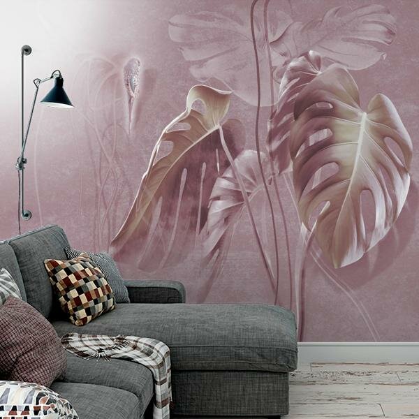 Фотообои Листья монстеры розовые 13-039-M-Холст 270 x 300 см (ВхШ) Бесшовные, флизелиновые, влагостойкие обои MasterFresok