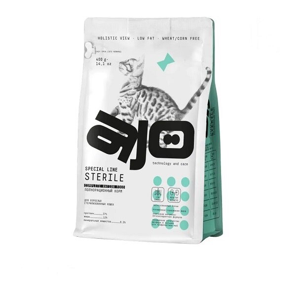 AJO Cat 1,5 кг Sterile Сухой полнорационный корм для активных стерилизованных кошек с высоким содержанием белка