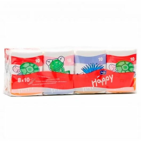 Бумажные платочки BELLA "Звери", мини-формат, носовые, трехслойные, 10 шт, блок 8 пачек