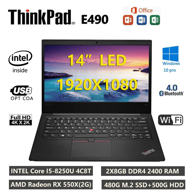 Подержанный ноутбук 14" LENOVO Thinkpad E490 ( Intel CORE i5-8265U CPU+2X8GB RAM+480G M.2 NVME SSD+500G HDD+Intel HD Graphics 620 OR AMD RX550 2G Видеокарта ; 1920X1080 LED ) Win 10 pro
