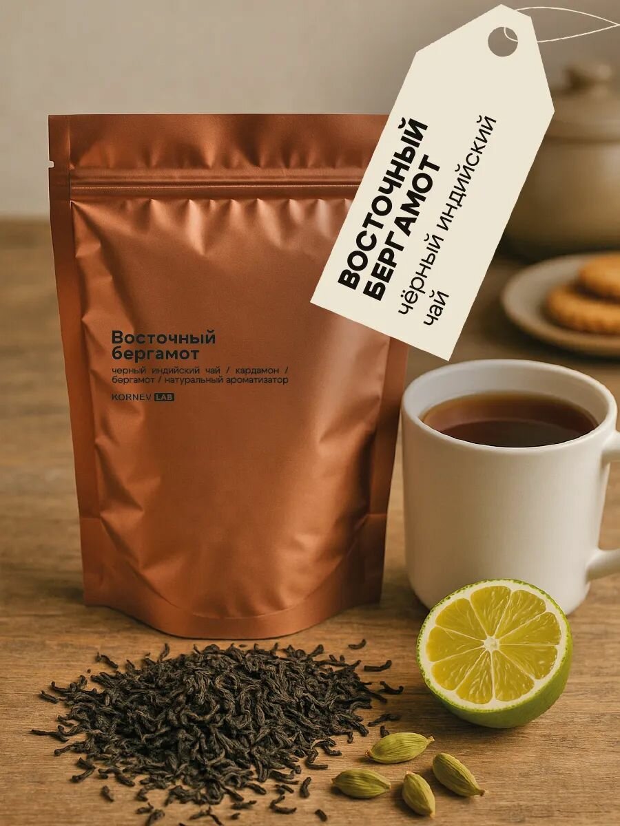 Чай Kornev Lab "Восточный бергамот", листовой, черный, с бергамотом и кардамоном, 75 г